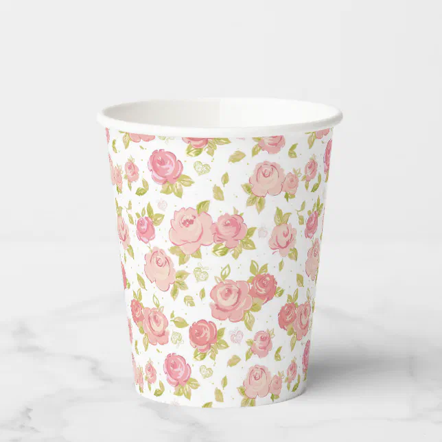 Elegance wallpaper pattern of pink roses 3 paper cups | Zazzle
