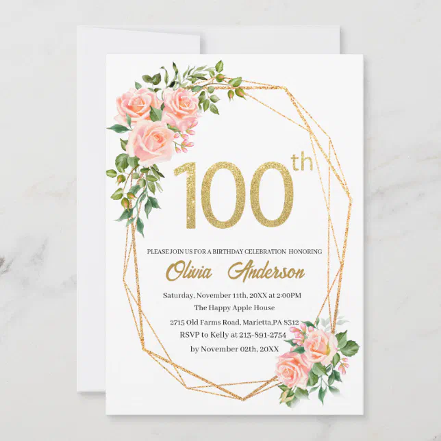 Elegant 100th Birthday Celebration Watercolor Gli Invitation | Zazzle