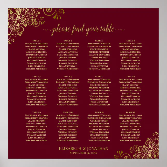 Elegant 12 Table Burgundy & Gold Seating Chart | Zazzle