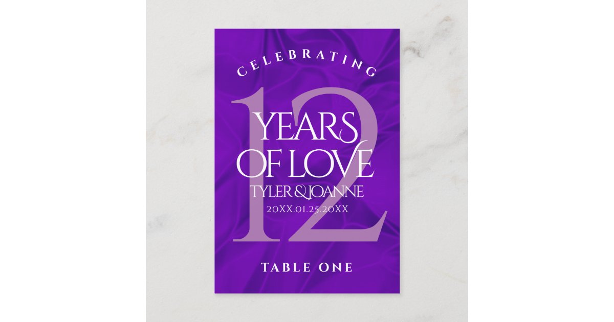 Elegant 12th Silk Wedding Anniversary Table Card | Zazzle