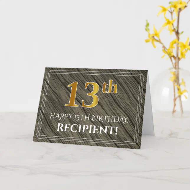 Elegant 13th Birthday: Faux Wood, Faux Gold Look Card | Zazzle
