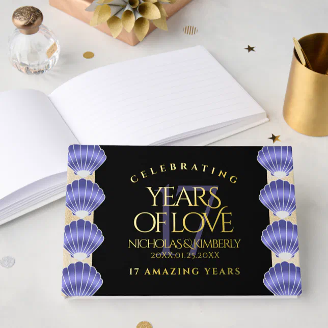 Elegant 17th Shells Wedding Anniversary Foil Guest Book | Zazzle