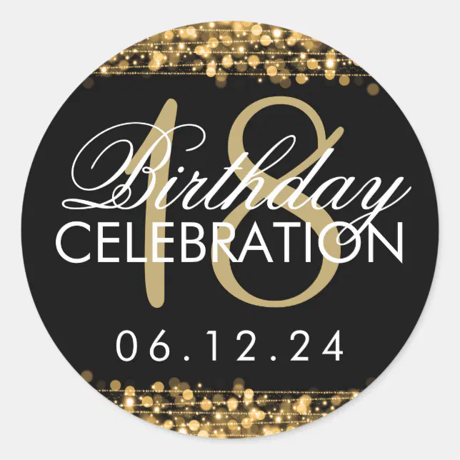 Elegant 18th Birthday Party Sparkles Gold Classic Round Sticker | Zazzle