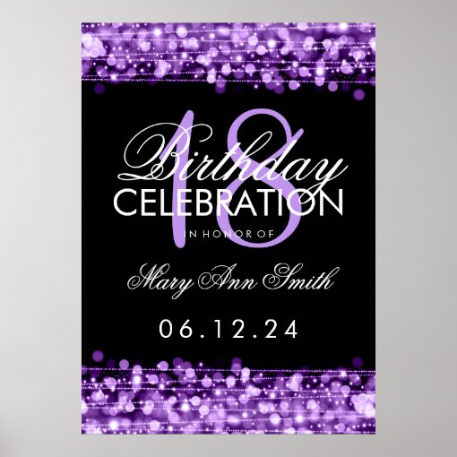 Elegant 18th Birthday Party Sparkles Purple Poster | Zazzle