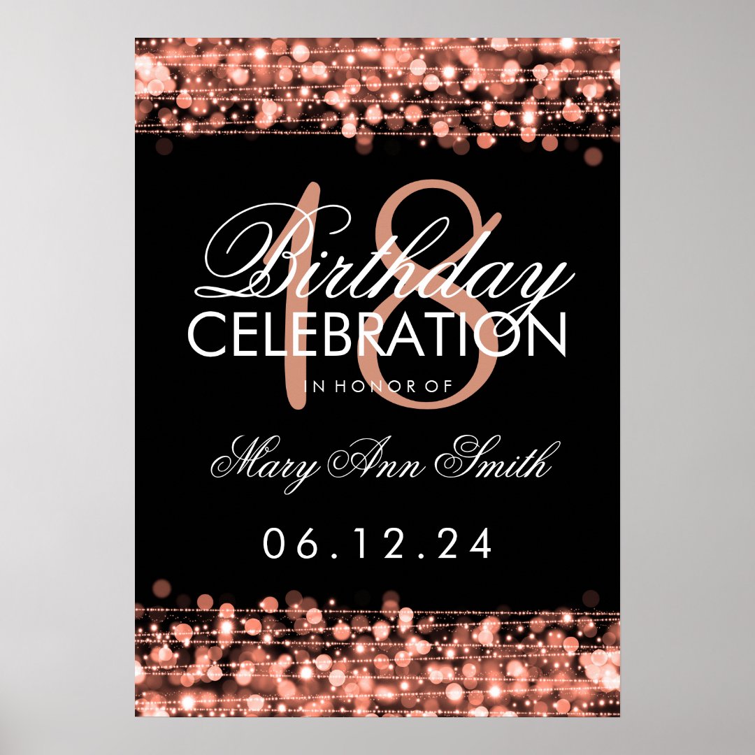 Elegant 18th Birthday Party Sparkles Rose Gold Poster | Zazzle