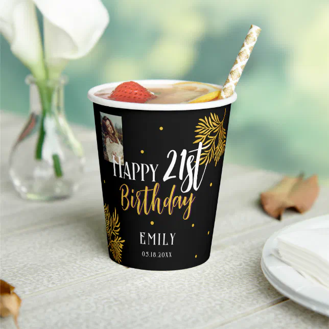 Elegant 21st Birthday Gold Foliage Photo Party Paper Cups | Zazzle
