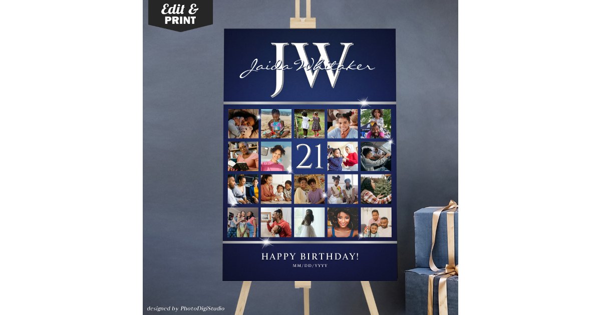 Elegant 21st Birthday Photo Collage with Initials Foam Board | Zazzle
