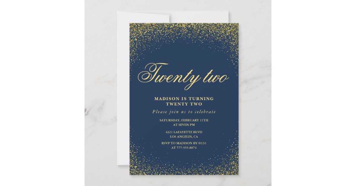 Elegant 22nd birthday invitation Navy Gold Glitter | Zazzle
