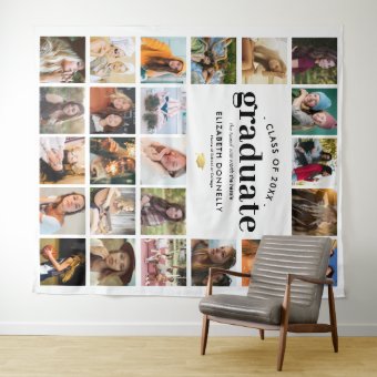Elegant 24 Photo Collage Graduation Tapestry | Zazzle