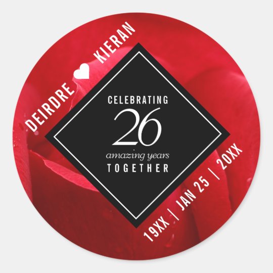 Elegant 26th Rose Wedding Anniversary Celebration Classic Round Sticker ...