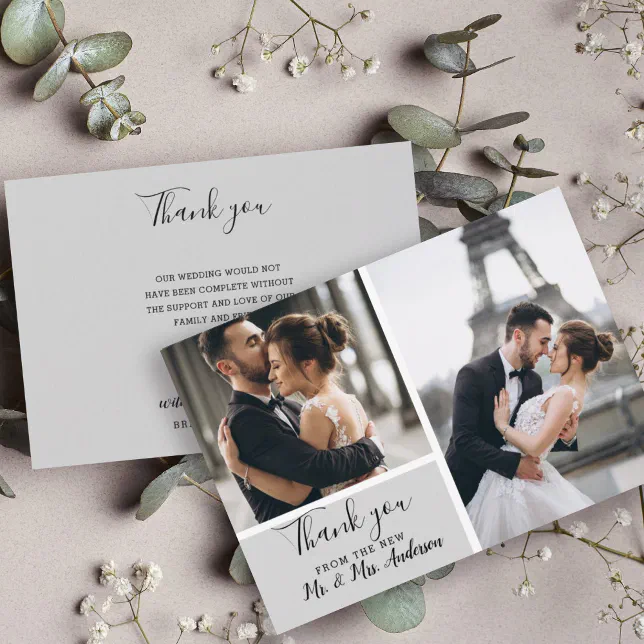 Elegant 2 photo Gray Thank you Wedding Note Card | Zazzle