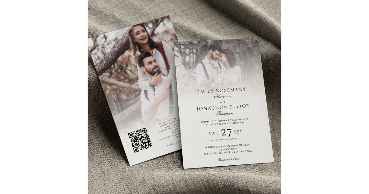 Elegant 2 Photos Overlay QR Code Formal Wedding Invitation | Zazzle