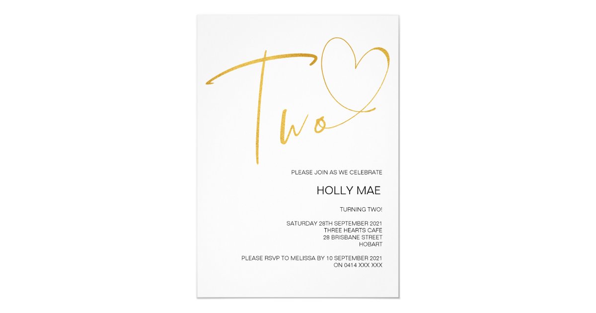 Elegant 2nd Birthday Invitation Two Heart Gold | Zazzle.com