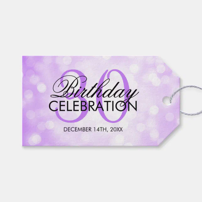 Elegant 30th Birthday Party Purple Glitter Lights Gift Tags | Zazzle