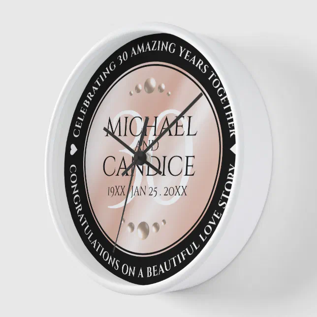 Elegant 30th Pearl Wedding Anniversary Celebration Clock | Zazzle