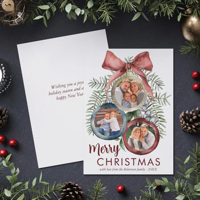 Elegant 3 Photo Christmas Ornaments Holiday Card | Zazzle