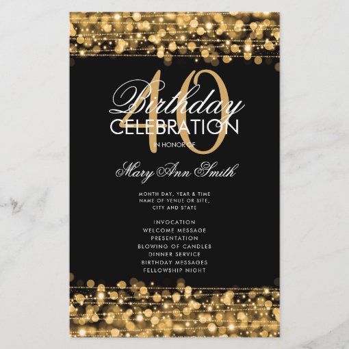 Elegant 40th Birthday Party Program Gold w/ Menu Flyer | Zazzle
