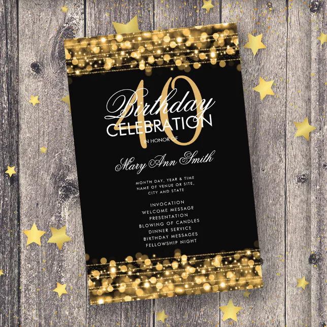 Elegant 40th Birthday Party Program Gold w/ Menu Flyer | Zazzle