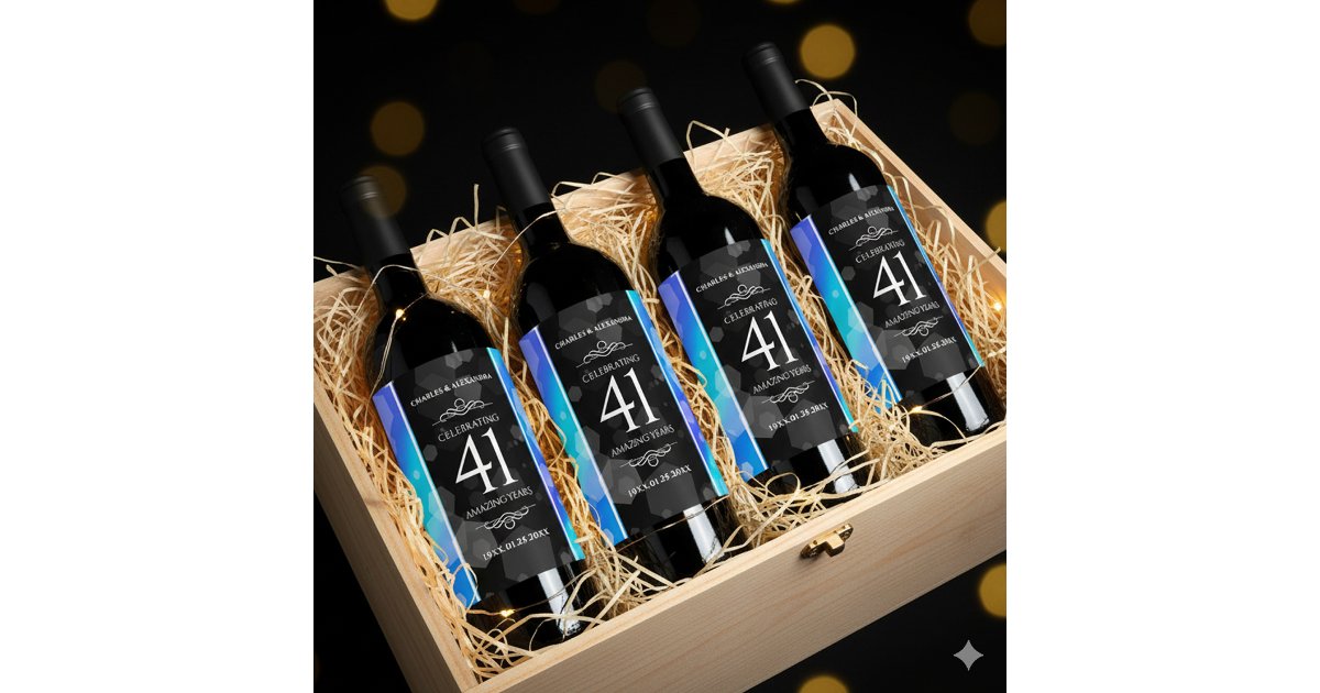 Elegant 41st Blue Topaz Wedding Anniversary Wine Label | Zazzle