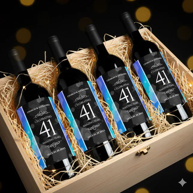 Elegant 41st Blue Topaz Wedding Anniversary Wine Label | Zazzle