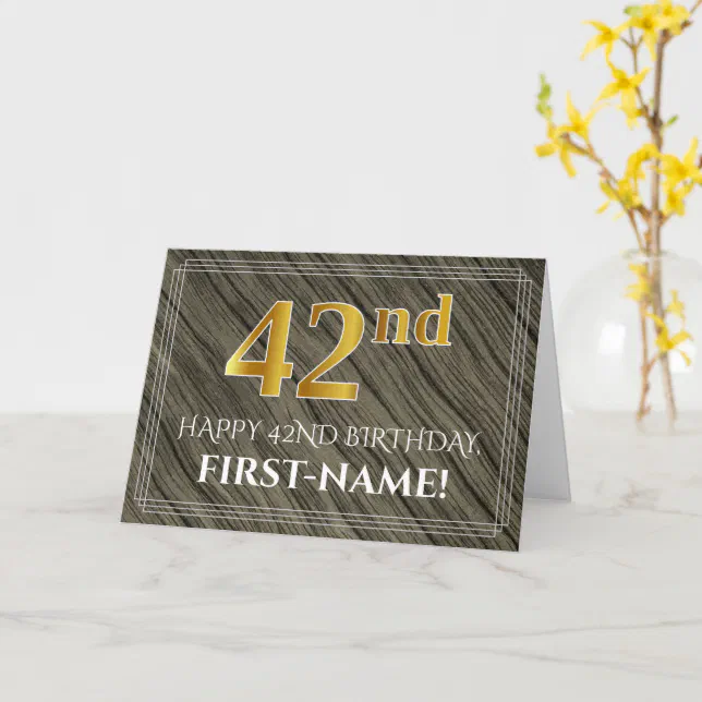 Elegant 42nd Birthday: Faux Wood, Faux Gold Look Card | Zazzle