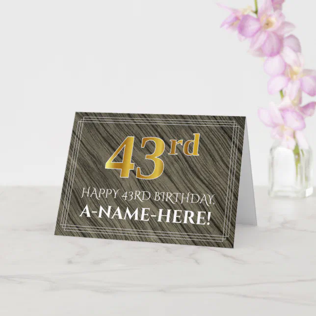 Elegant 43rd Birthday: Faux Wood, Faux Gold Look Card | Zazzle