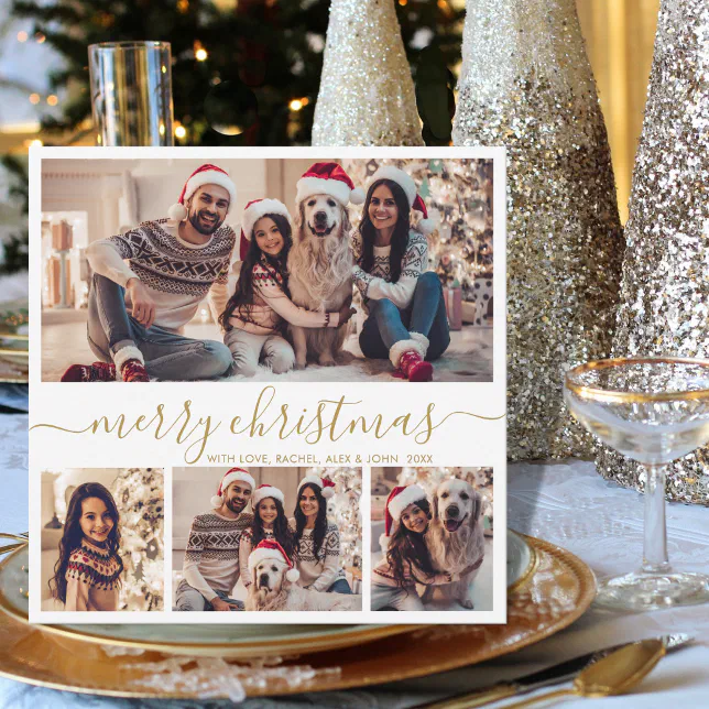 Elegant 4 Photo Collage Gold Script Christmas Holiday Card | Zazzle