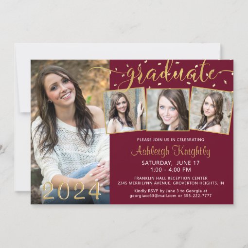 Elegant 4 Photo Graduate Maroon Gold Confetti Invitation | Zazzle