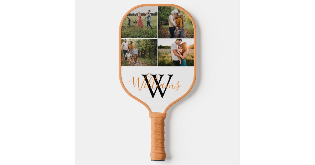 elegant 4 photos family collage monogram name pickleball paddle | Zazzle