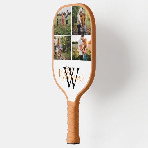 elegant 4 photos family collage monogram name pickleball paddle | Zazzle
