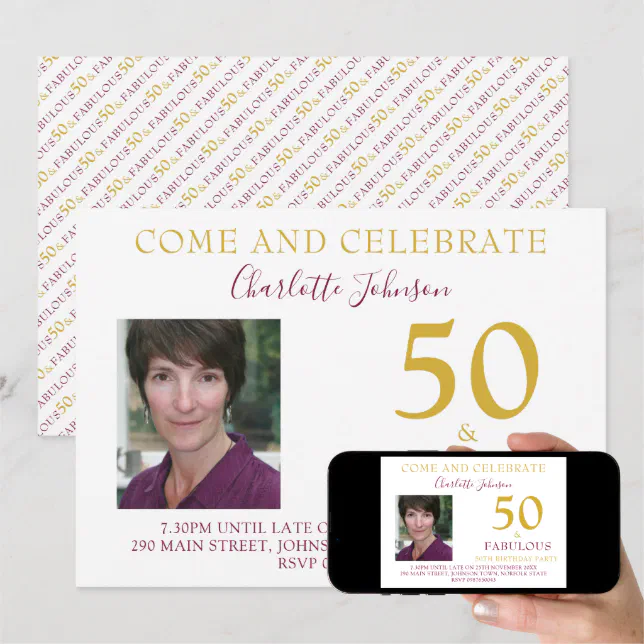 Elegant 50 and Fabulous Photo 50th birthday Invitation | Zazzle