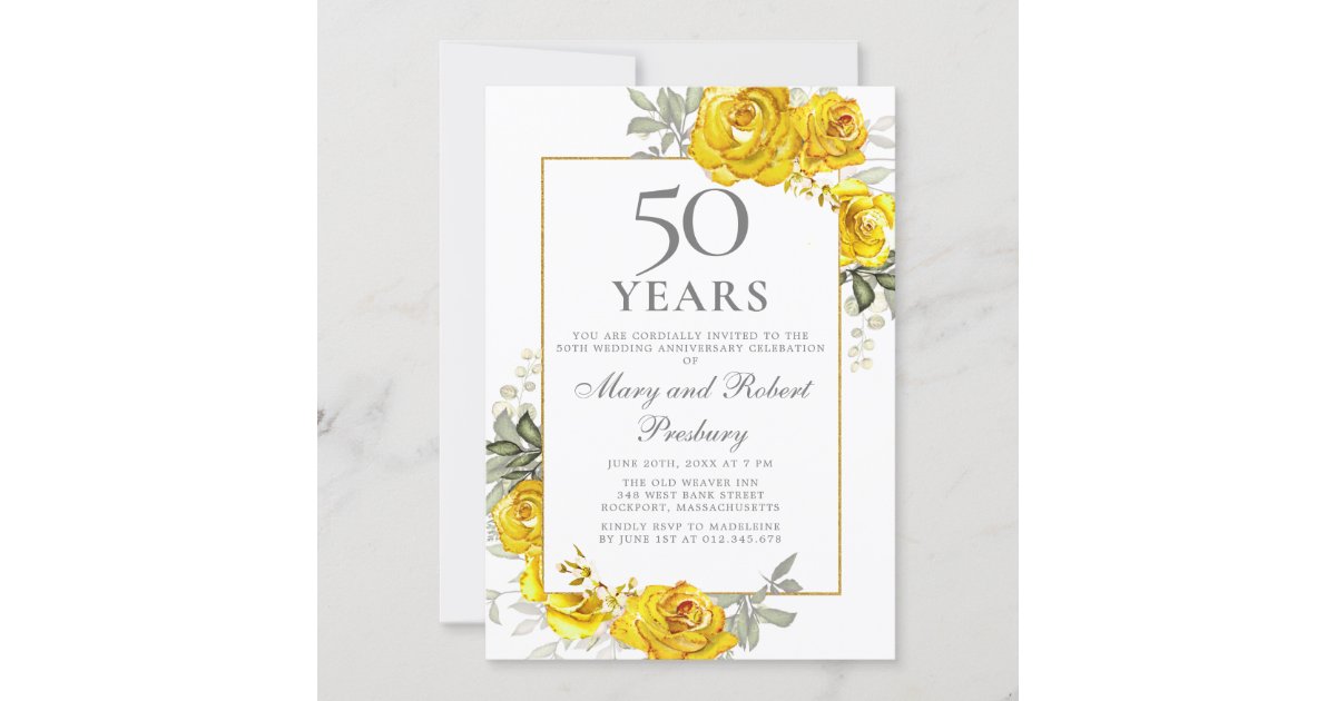 Elegant 50th Anniversary Yellow Rose Floral Invitation | Zazzle