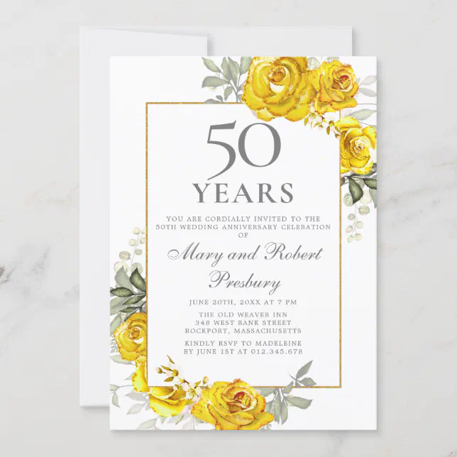 Elegant 50th Anniversary Yellow Rose Floral Invitation | Zazzle