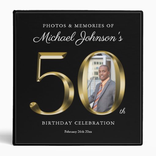 Elegant 50th Birthday Black Gold Text Custom Photo 3 Ring Binder | Zazzle
