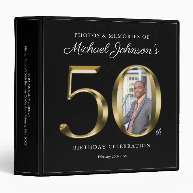 Elegant 50th Birthday Black Gold Text Custom Photo 3 Ring Binder | Zazzle