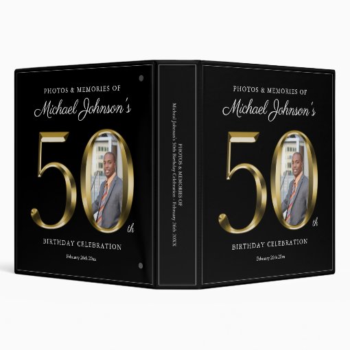 Elegant 50th Birthday Black Gold Text Custom Photo 3 Ring Binder | Zazzle