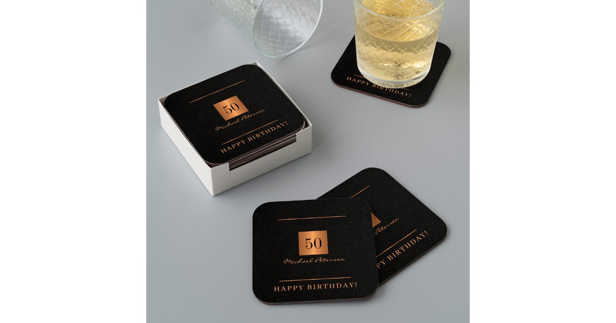 Elegant 50th birthday gold black 50 years name square paper coaster ...