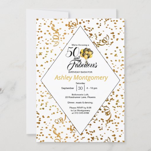 Elegant 50th Birthday Gold Confetti Black Text Invitation | Zazzle