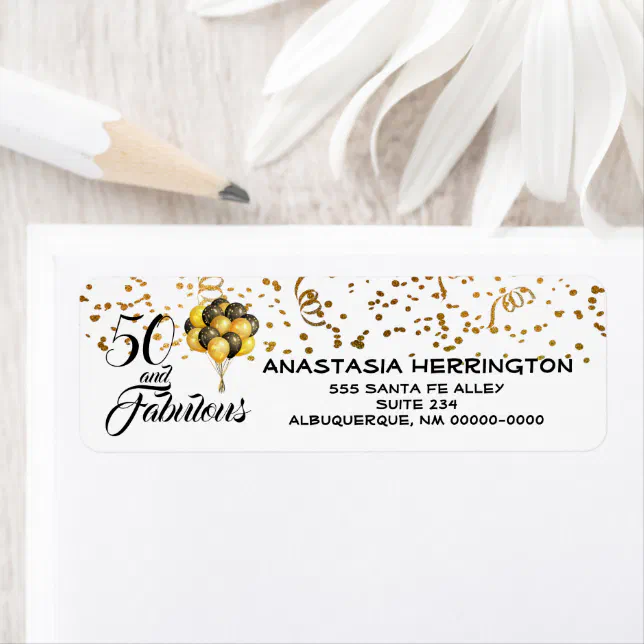 Elegant 50th Birthday Gold Confetti Black Text Label | Zazzle
