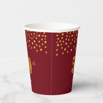 Elegant 50th Birthday & Gold Confetti on Burgundy Paper Cups | Zazzle