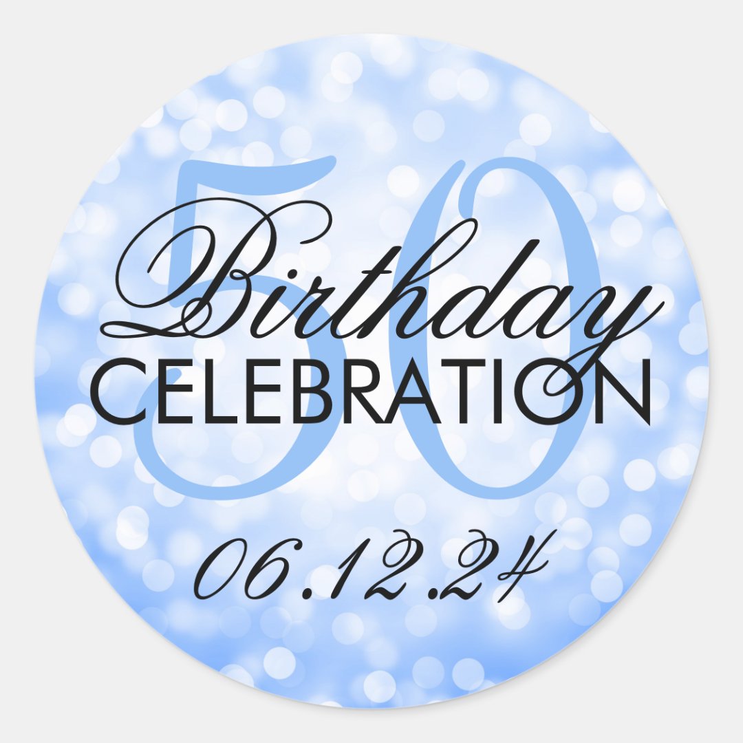 Elegant 50th Birthday Party Blue Glitter Lights Classic Round Sticker ...