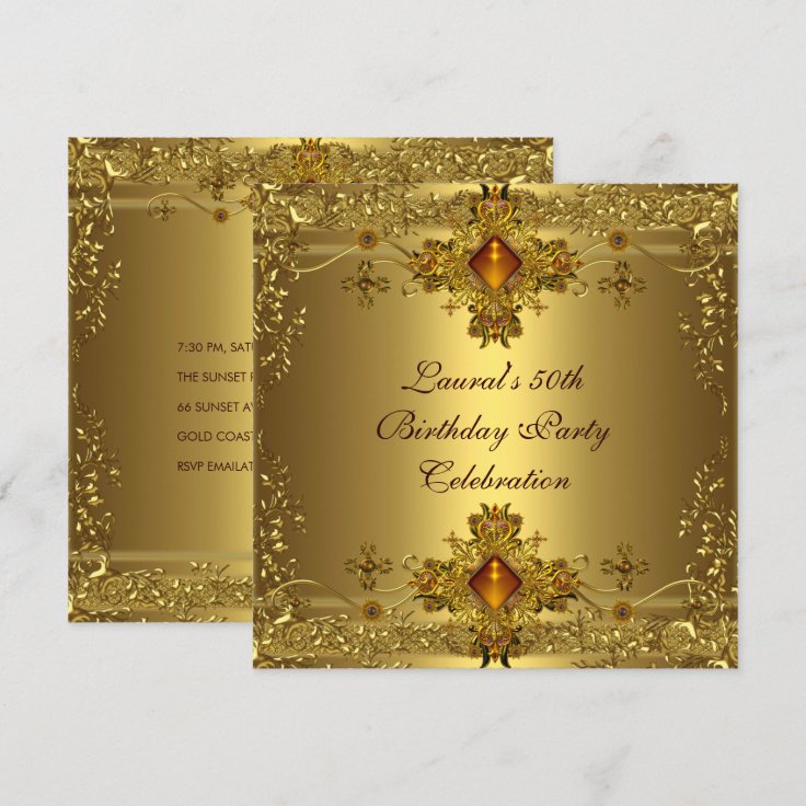 Elegant 50th Birthday Party Gold Lace Gold Jewel Invitation | Zazzle