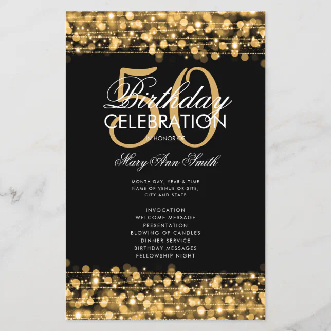 Elegant 50th Birthday Party Program Gold w/ Menu | Zazzle