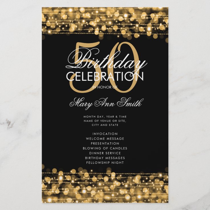 Elegant 50th Birthday Party Program Gold w/ Menu Flyer | Zazzle