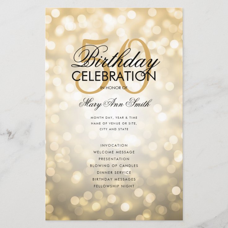 Elegant 50th Birthday Program Lights Gold w/ Menu | Zazzle