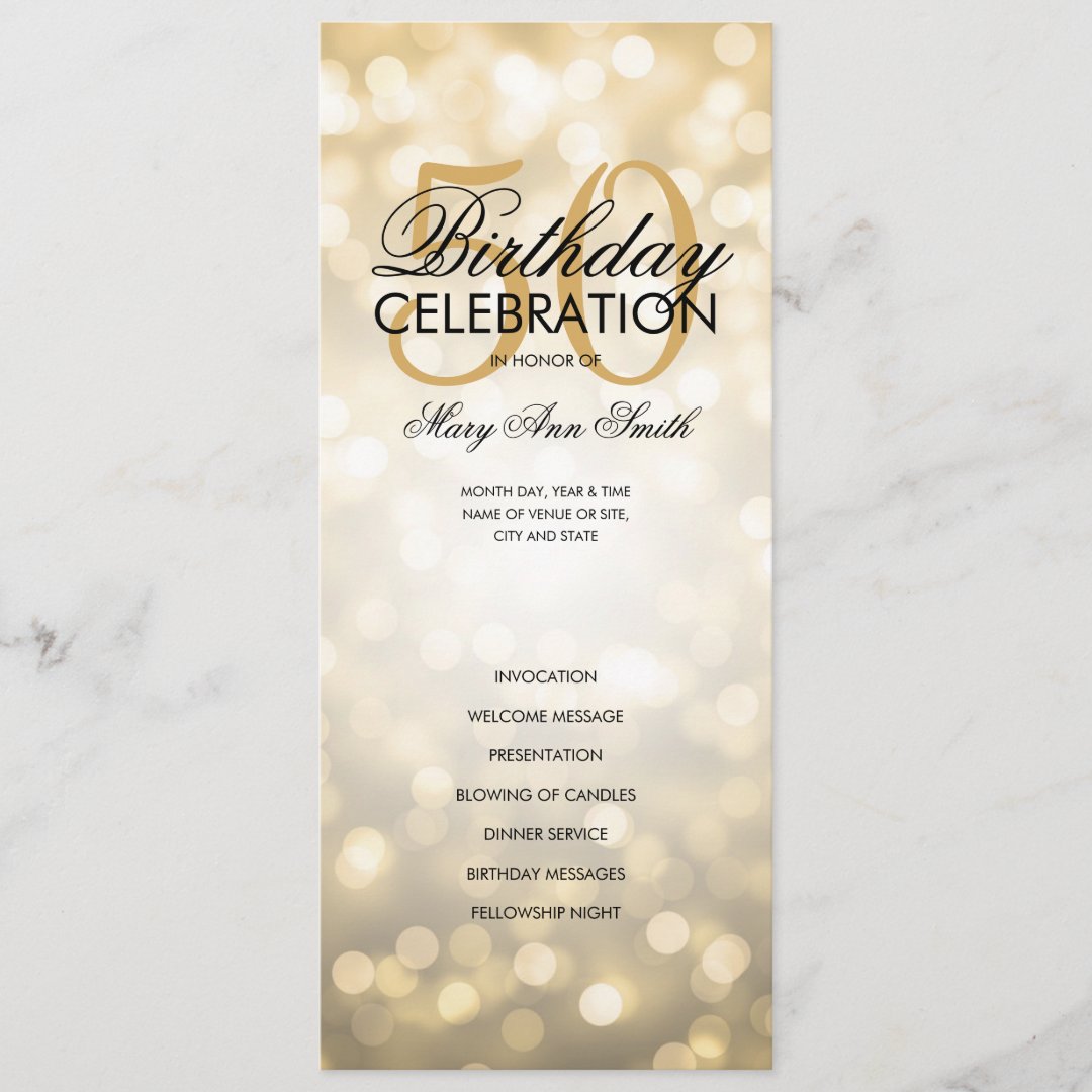 Elegant 50th Birthday Program Lights Gold w/ Menu | Zazzle