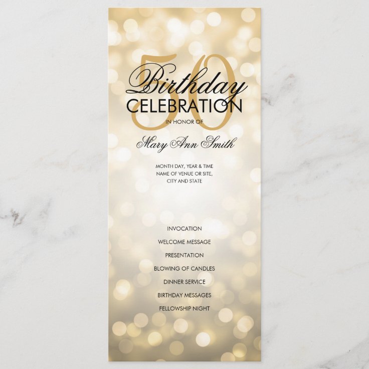 Elegant 50th Birthday Program Lights Gold w/ Menu | Zazzle