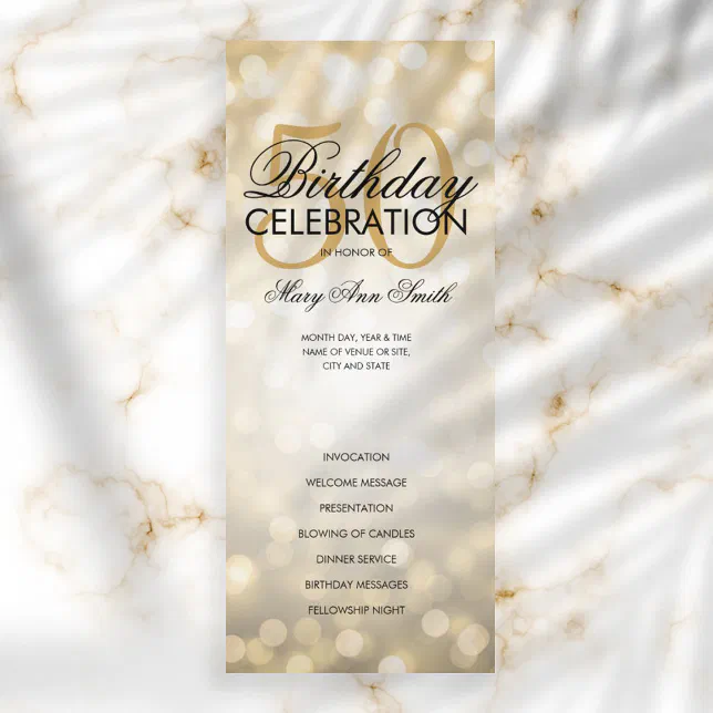 Elegant 50th Birthday Program Lights Gold w/ Menu | Zazzle