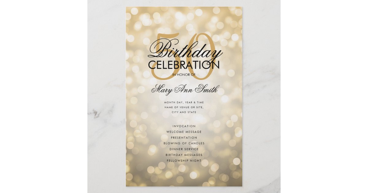 Elegant 50th Birthday Program Lights Gold w/ Menu Flyer | Zazzle