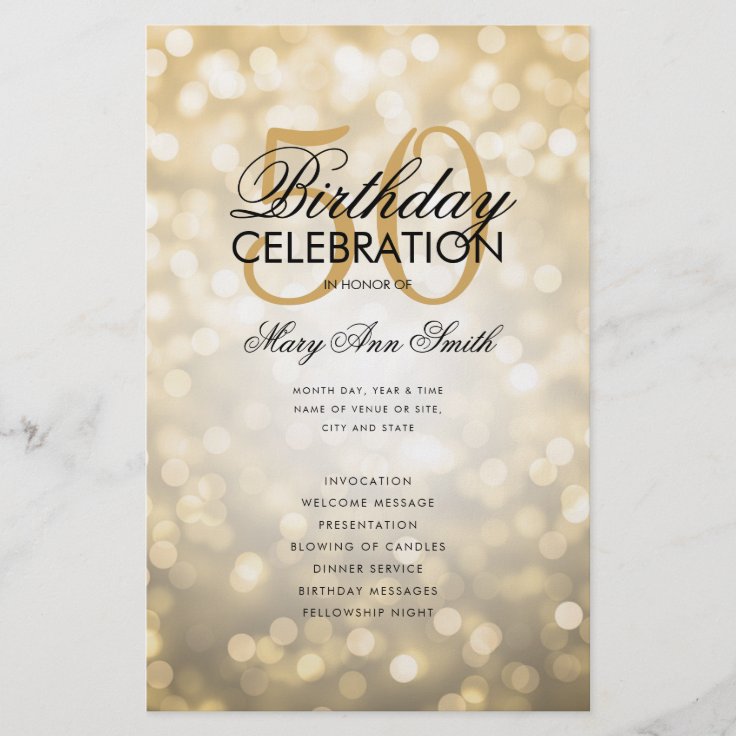 Elegant 50th Birthday Program Lights Gold w/ Menu Flyer | Zazzle